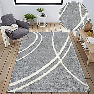 Rugshop Cozy Contemporary Stripe Perfect for Living Room,Bedroom,Home Office Non-Shedding Plush Shag Area Rug 7'10" X 10' Gray-White