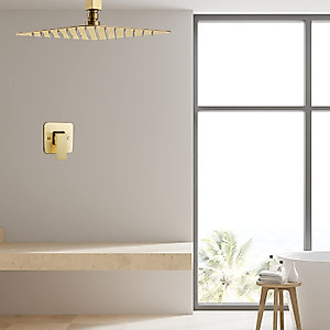 Brushed Gold Ceiling Shower System Shower Faucet GGStudy Bathroom Luxury Rain Mixer Shower Combo Set Rainfall Shower Head System 10 Inch with Valve and Trim