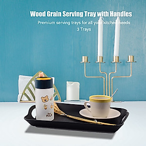 LEEHOWA 3 Pack 14 inches Plastic Tray with Handles Rectangle Serving Set, Multipurpose Waterproof, Non Slip Trays for Food, Parties, Coffee Table, Buffets, Breakfast(Black Wood Grain)