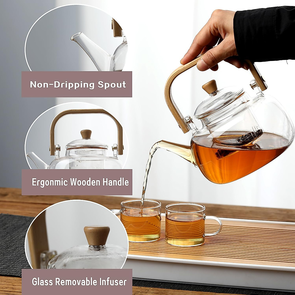 Wlasss Glass Tea Kettle with Removable Infuser,Stovetop Safe, Glass Teapot 1000 ml 33 oz, Tea Pot with Infusers for Loose Tea, Gift for Women and Adult