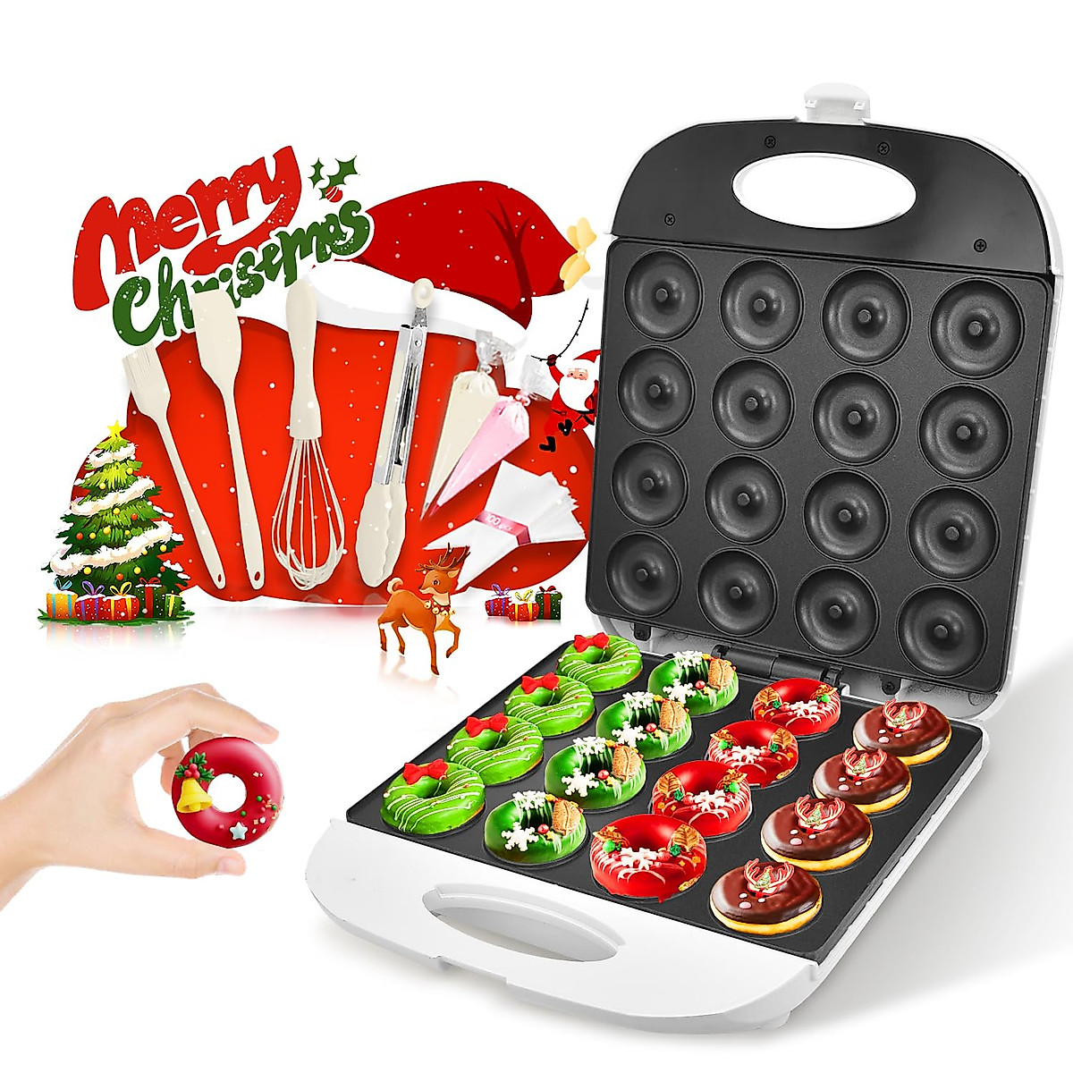 DSP All in One Mini Donut Maker - Non-Stick, Cool Touch Electric Doughnut Machine for 16 Mini Donuts - 1400W Perfect for Breakfast, Snacks & Desserts