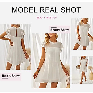 Dokotoo Womens Sundresses Ladies Summer Spring High Neck Ruffle Elegant Loose Fit Flare Short Sleeve Cute Chiffon Boho Flowy Swing Tunic Mini Short Dresses for Women Casual Summer Beige Large