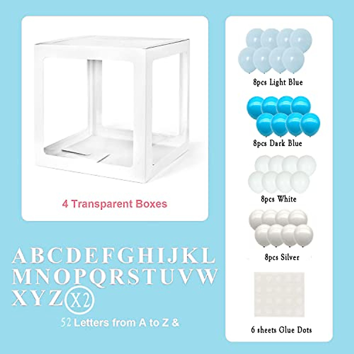 ToBsoft 4pcs Baby Shower Boxes with 52 Letters (2 Set A-Z ) Letters and 32 Balloons White Clear Balloon Box Blocks for Baby Shower and Birthday Party, Blue