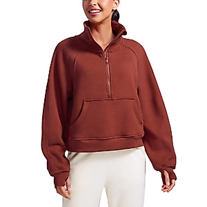 CRZ YOGA Womens Fleece Lined Half Zipper Sweatshirts Funnel Neck Long Sleeve Oversized Pullover Hoodies with Thumb Holes Jujube Brown Medium