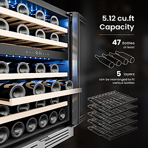 Yeego Wine Fridge & Cooler - 24 Inch Dual Zone Wine Cooler 47 Bottles, 40-65℉ Wine Refrigerator Glass Door with Safety Lock, Built-in, Under Counter or Freestanding Fridge for Home Kitchen(5.12 cu.ft)