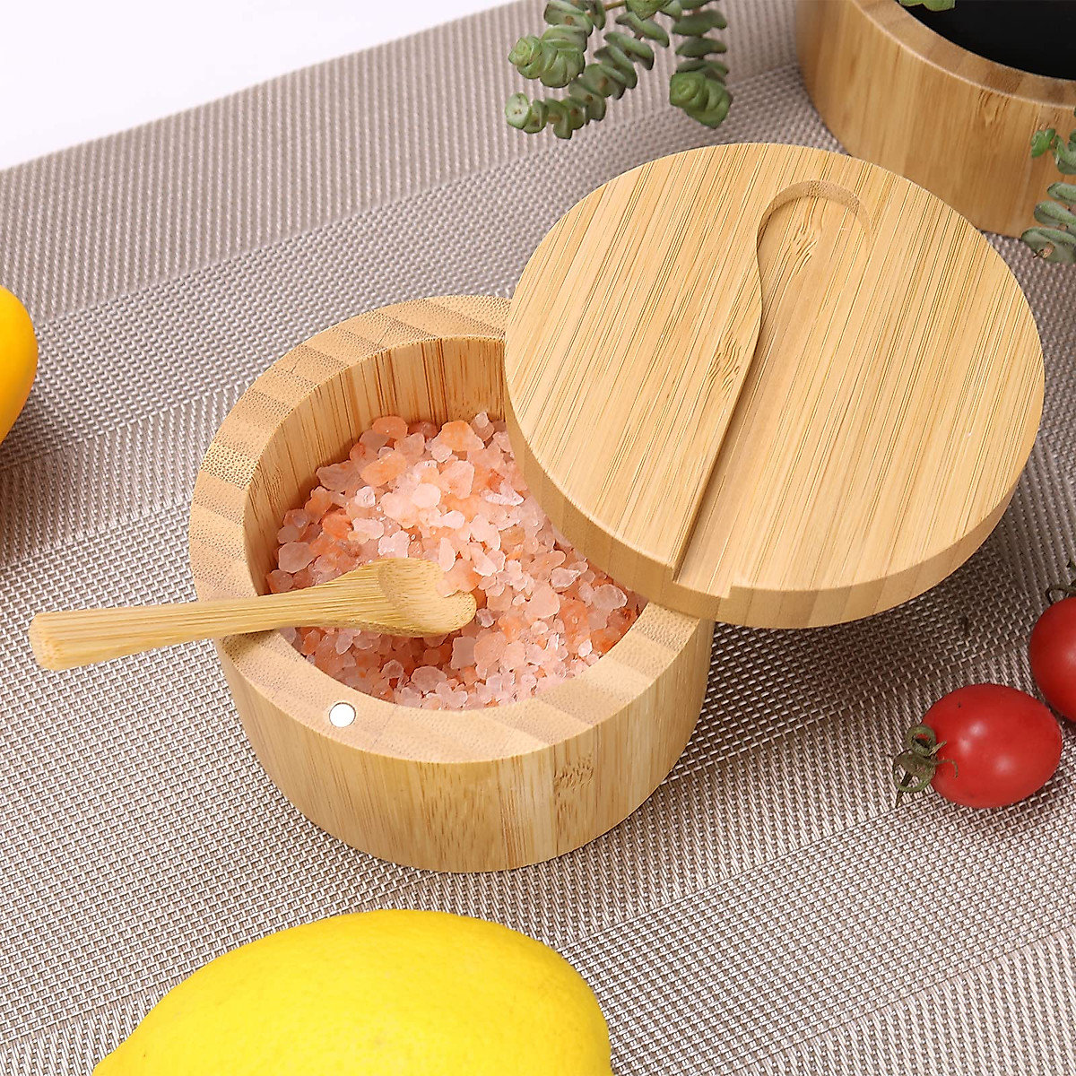 HTB Bamboo Salt Cellar Set with Spoon, Kitchen Spice Containers with Magnetic Swivel Lids, 2 Seasoning Containers Set Engraved with S and P