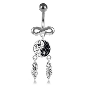 Black Multi Crystal Gemstone Stylish Infinity with Yin Yang and Dream Catcher Dangling 925 Sterling Silver Belly Ring Body Jewelry