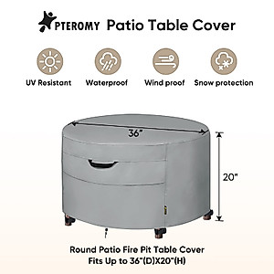 PTEROMY Patio Fire Pit Table Cover, Heavy Duty 600D Canvas Outdoor Waterproof Fireplace Cover (Pewter Gray, Round, 36'')