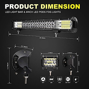 TURBO SII 20" Grille LED Light Bar Triple Row 288W Flood Spot Combo Beam Led Bar W/ 2Pcs 4in 60W Off Road Driving Fog Lights Rocker Switch Wiring Harness for Jeep Trucks Polaris ATV UTV Boat Lighting