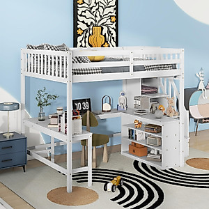 Full Size Loft Bed with Stairs and Desk, Wood Loft Beds with Storage Staircase, High Loft Bed Frame with Bookcase Shelves & L-Shape Desk for Kids, Teen, Boys, Girls, White