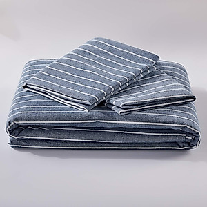 JELLYMONI Pinstriped 100% Washed Cotton Linen Like Duvet Cover Set, 3 Pieces Luxury Soft Bedding Set with Buttons Closure, Blue Stripes Pattern Printed Duvet Cover King Size(No Comforter)