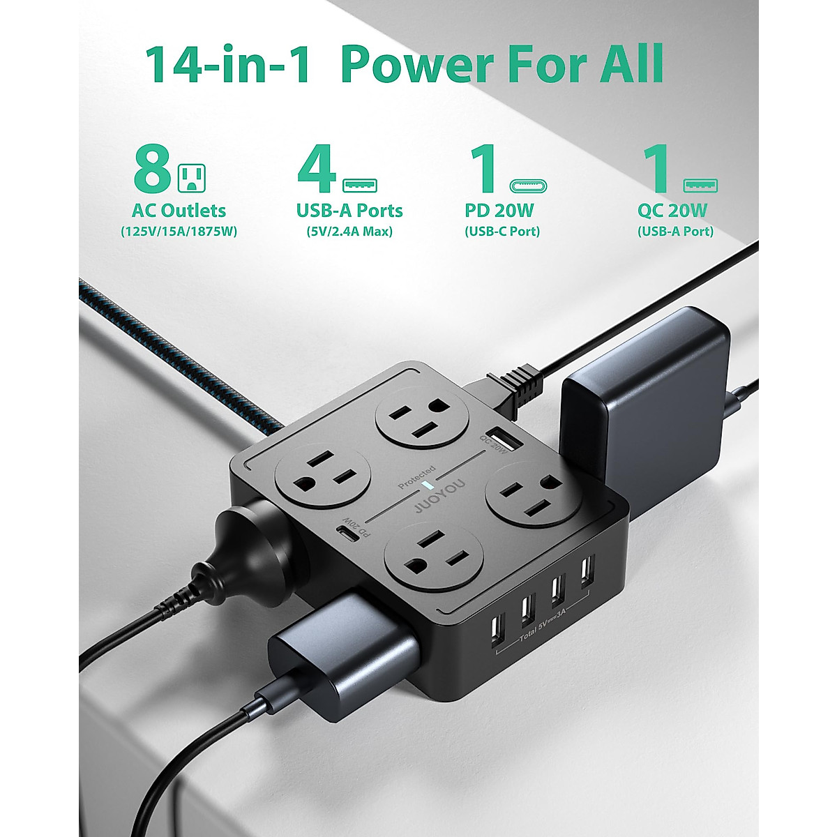 JUOYOU Power Strip Surge Protector - 8 Widely Spaced Outlets with 6 USB Ports(USB C 20W & USB A 20W), 3 Side Outlet Extender with Flat Plug Extension Cord 5 ft