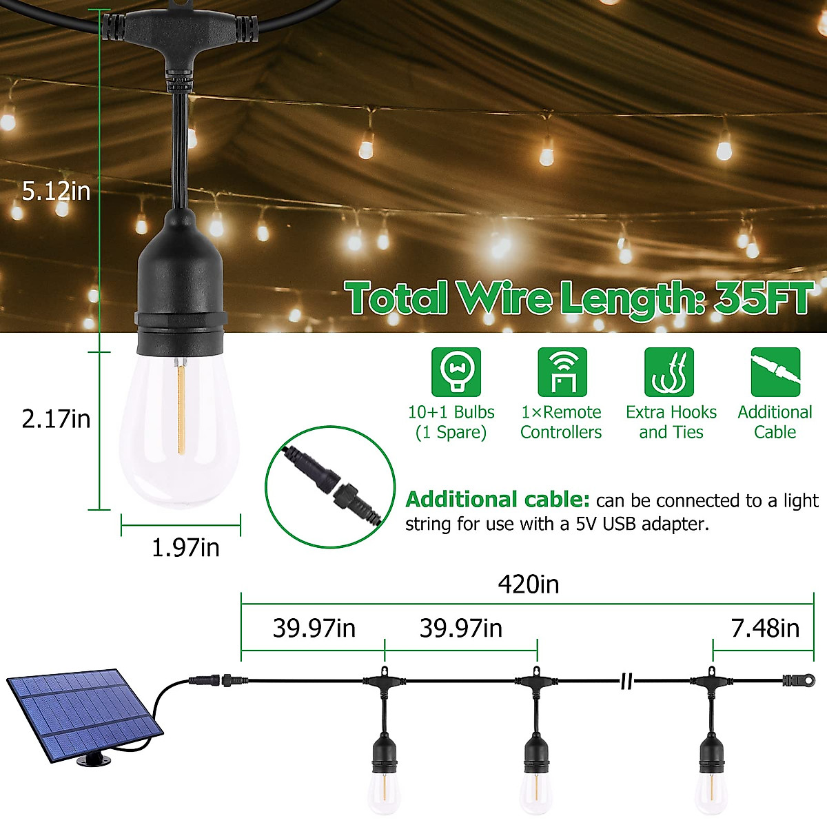 TDLOL 35FT Solar String Lights Outdoor Waterproof, Outdoor String Lights Solar Powered, Patio Lights with S14 Shatterproof Sockets, IP65 Commercial Grade LED Solar String Lights for Outside