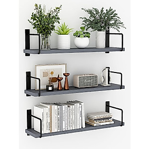 EALLRINEC Floating Shelves, 24 Inches Easy to Install Wall Mounted Shelves, Wall Shelves Set of 3, Rustic Wood Shelves for Wall Décor, Storage Shelves for Living Room (Grey)