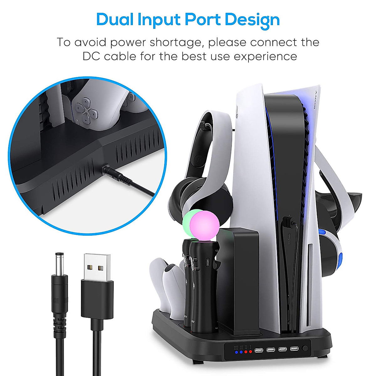 Charging Display Stand Compatible with PS5 VR, Vertical Stand with Cooling Fan Compatible with PS5 DE/UHD Storage Bracket Charger Station Compatible with PS5/PS5 VR Move Controller with 4 USB Hub