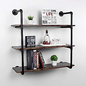 Weven 36" Industrial Pipe Bookshelf Wall Mounted,3 Tier Rustic Floating Shelves,Farmhouse Kitchen Bar Shelving,Home Decor Book Shelves,DIY Bookcase,Hanging Wall Shelves,Black