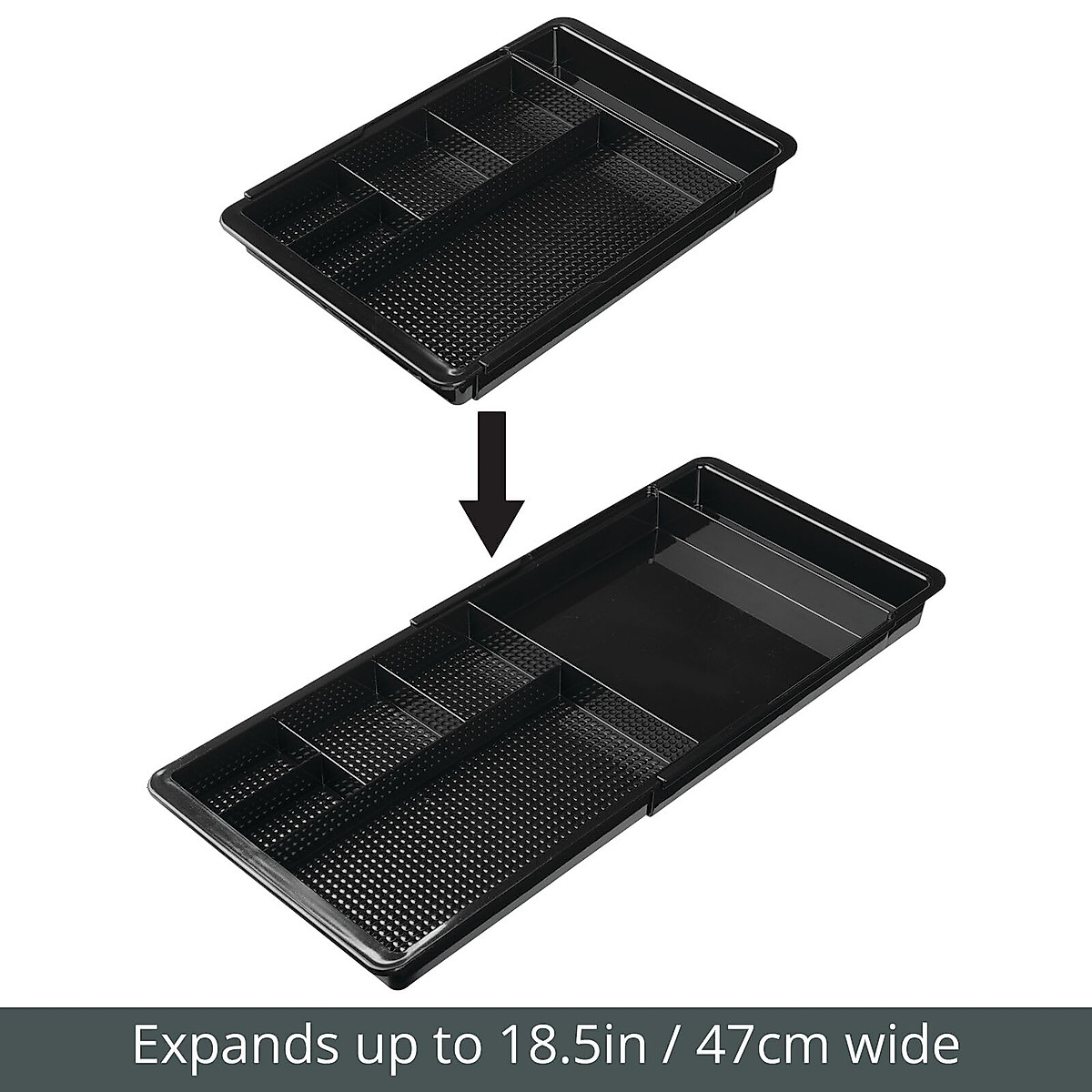 mDesign Adjustable, Expandable Divided Office Desk Drawer Organizer Tray for Office Supplies, Gel Pens, Pencils, Markers, Tape, Erasers, Paperclips, Staples - 7 Compartments, 1.25" High - Black