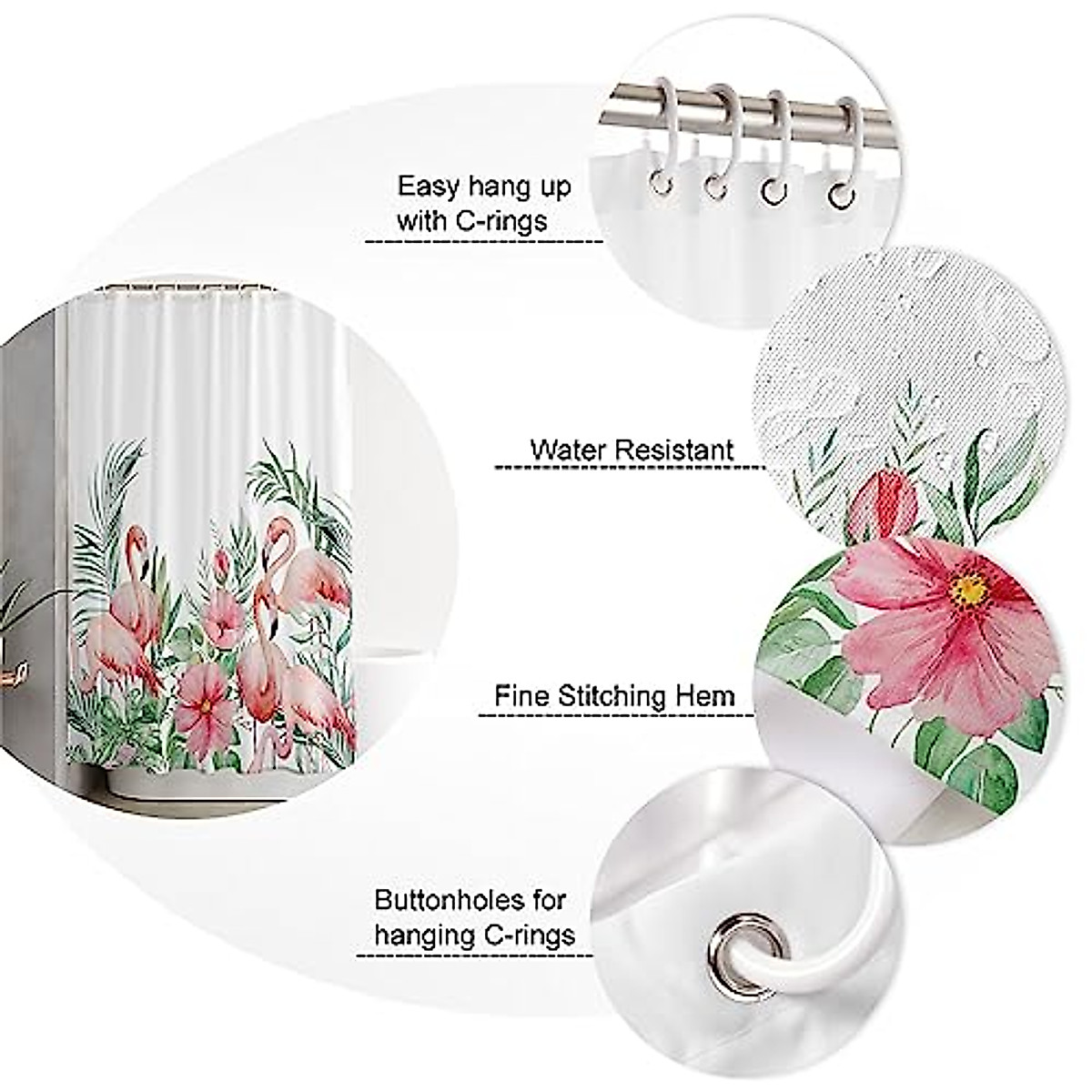 Polyester Fabric Red Pink Flamingo Shower Curtain, Tropical Plants Summer Botancial Palm Leaves, Waterproof Bathtub Curtain Bathroom Decor Set with Hooks 72 x 72 Inches,