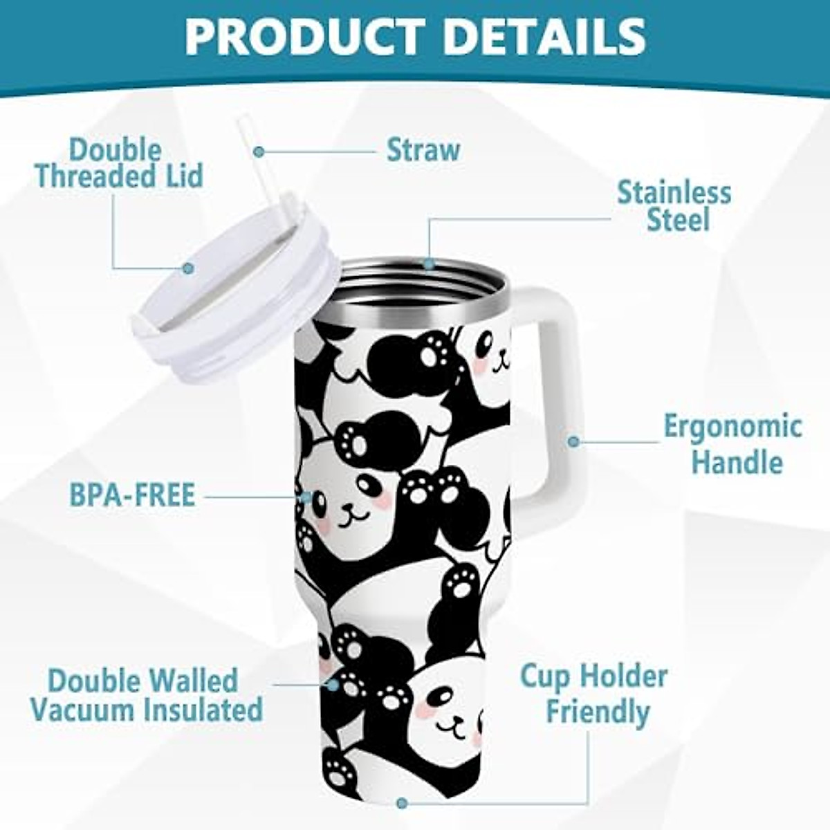 MCHIVER Cute Panda 30 oz Tumbler with Handle and Straw Stainless Steel Vacuum Water Bottle Leak-proof Travel Coffee Mug Insulated Tumbler for Home Office Car