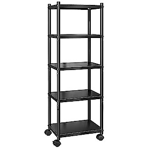 PXRACK 5 Tie Storage Shelves, Metal Heavy Duty Shelf for Storage with Wheels Adjustable Shelving Storage for Garage Bathroom Kitchen, Narrow Storage Racks Organizer Corner Shelf 12.2”*16.73”*59.45”