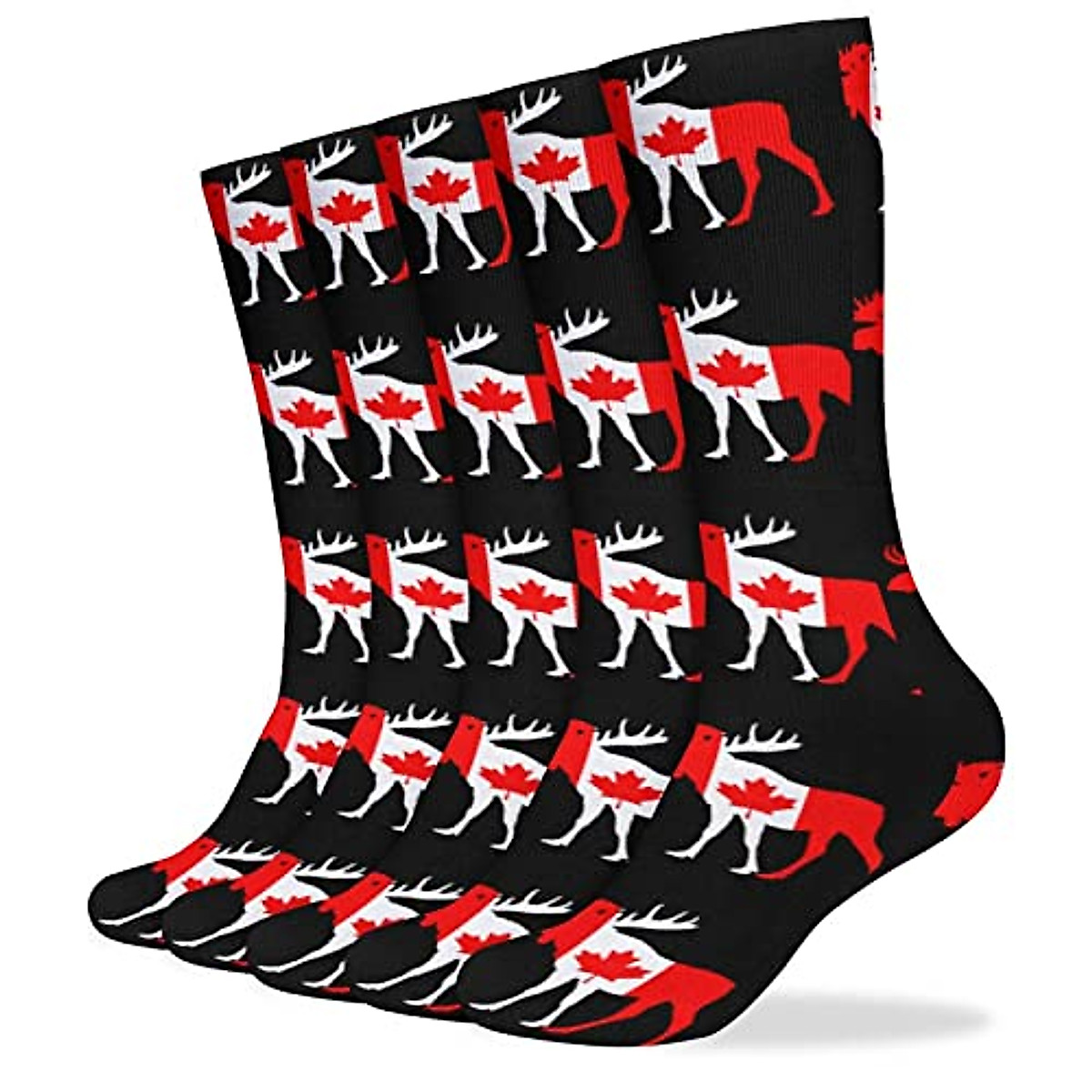 aifaqukuanga Canadian Flag Moose Silhouette 5-Pack Men And Women Casual Long Socks Breathable Athletic Running Socks