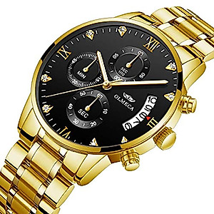 DREAMING Q&P Gold Stainless Steel Men's Wrist Watches Analog Quartz Black Military Chronograph Mutifunctional Crystal Wristwatch for Man with Date Calendar