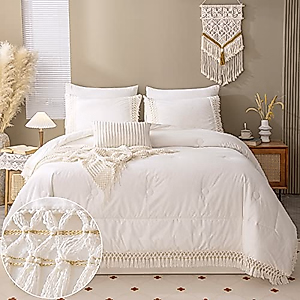 Boho King Comforter Set White Gold Comforter Set Shabby Chic Farmhouse Gold Hand Made Tufted Tassel Aesthetic Home Decor Comforter 1 Cotton Comforter 2 Pillowcases (White, King)