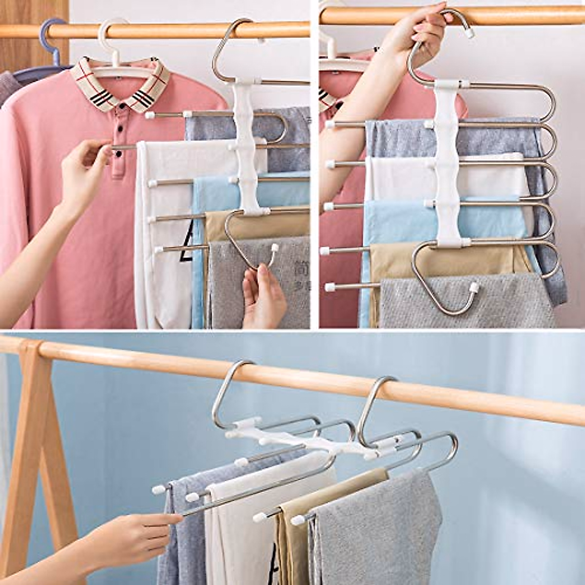 2 Pack Trouser Hanger Space Saving 5 in 1 Stainless Steel Magic Trousers Hanger