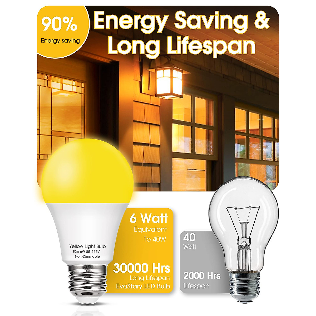 Bug Light Bulbs Outdoor, 40W Equivalent Amber Yellow LED Bug Lights for Outside, 6W 500LM 2000K for Porch Lights, Non-Attracting, Not-Dimmable A19 Bulb for Patio, Deck, Backyard, Hallway, 2 Pack