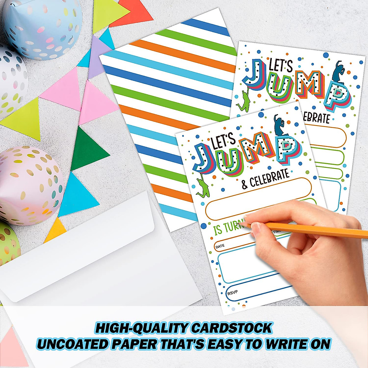 Jump Trampoline Party Birthday Invitations, Bounce House Party Invitations for Boys Girls Kids, Jumping Party Invitations, Jump Party Invites (20 Sets 4" x 6" Cards with Envelopes) - JY552