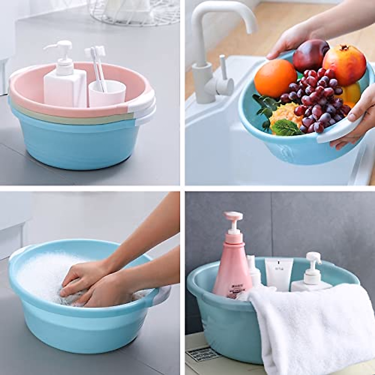 Dicunoy 6 Pack Plastic Wash Basin, Round Dish Tub, Stackable Wash Pan with Handle, 4 Quart Vegetable Fruit Dishpan for Small RV Sink, Kitchen, Outdoors, Bathroom, Laundry