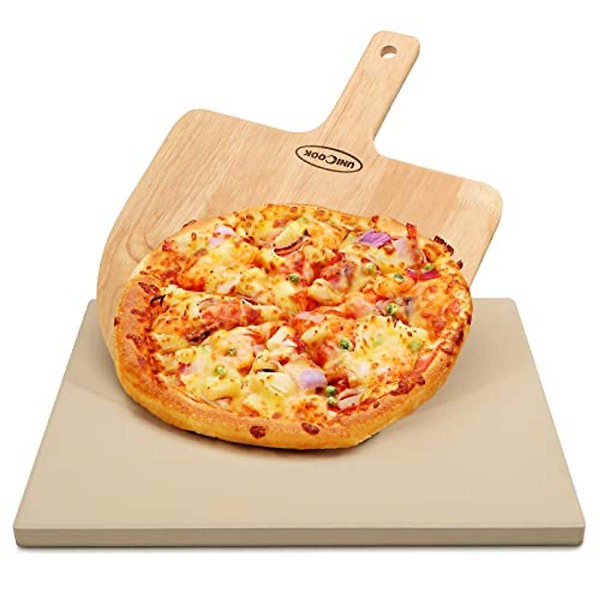 Unicook Pizza Stone 15 x 12 Inch, Included Wooden Pizza Peel, Rectangular Baking Stone for Oven and Grill BBQ, Thermal Shock Resistant Cordierite Cooking Stone for Pizza, Bread, Pies