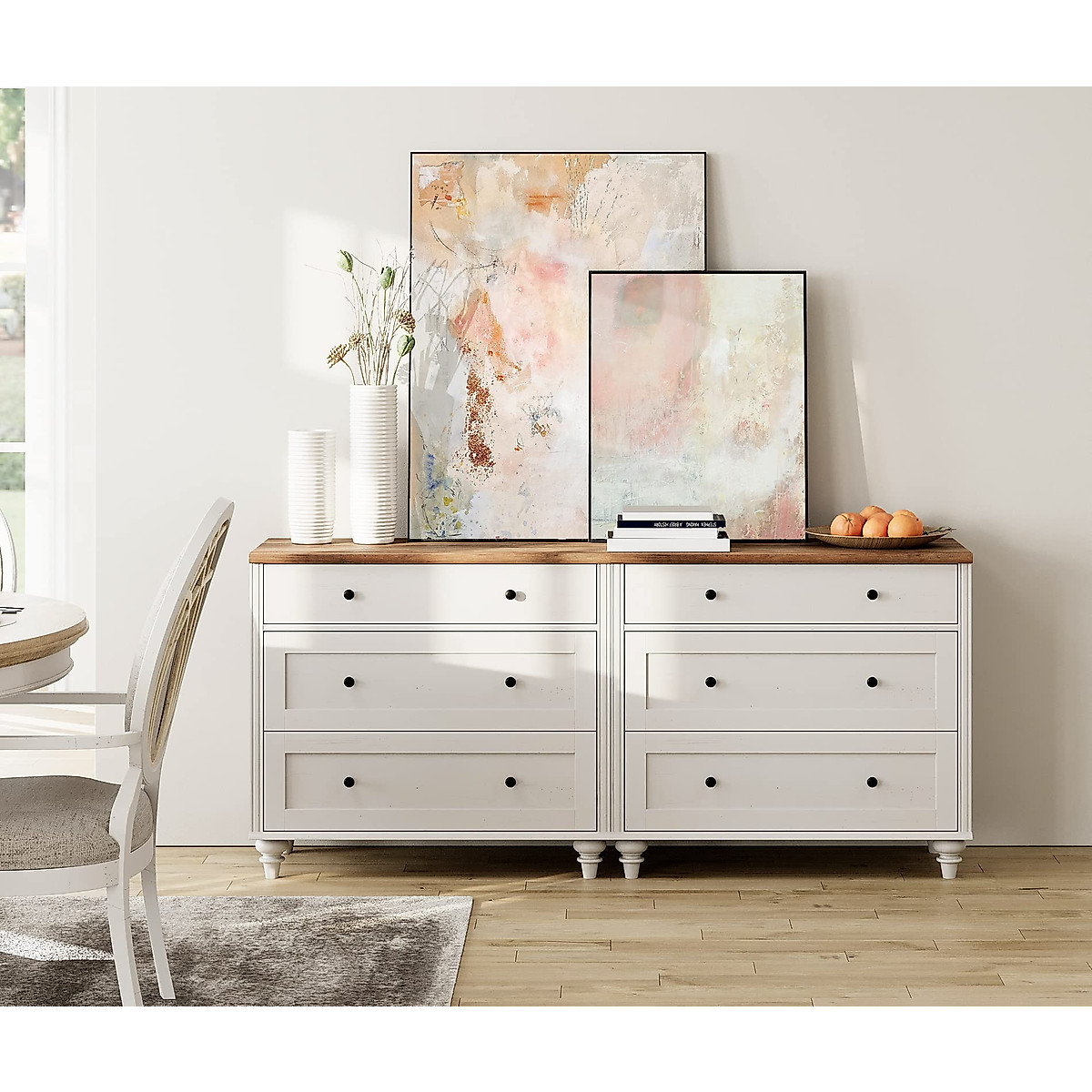 WAMPAT Dresser for Bedroom with 6 Drawers, White Kids Dressers with Wide Chest of Drawers, Mid Century Modern Wooden Closet Storage Organizer, Large Wood Dressers for Living Room, Nursery, Hallway