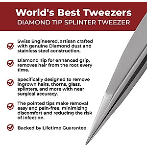 World's Best Tweezers Splinter Out Needle Nose Tweezers - High Precision Fine Point Stainless Steel Tweezers for Ingrown Hair, Ticks, Glass Removal - Diamond Tip Professional Tool for Face & Eyebrows
