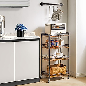 IBUYKE Industrial Bar Carts, Kitchen Storage Serving Cart, Mobile Kitchen Shelf，4 Tier Storage Cart for Bath, Kitchen, Bedroom, Living Room Rustic Brown and Black TMJ419H