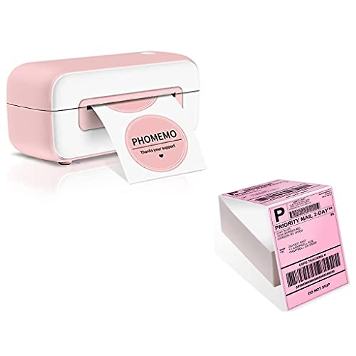 Phomemo Pink Label Printer, Thermal Label Printer for Shipping Packages, Shipping Label Printer with 4X6'' Direct Thermal Shipping Labels，500 Fan-Fold Labels