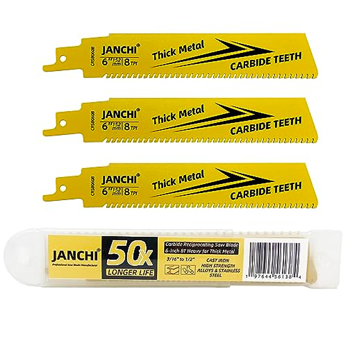 6-inch 8T Carbide Reciprocating Saw Blade, Heavy Duty for Cutting Thick Metal, High-Alloy Construction Steels, Cast Iron, Alloy Steel, Stainless Steels, Rebar and Car Beams, 3-Pack