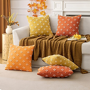 ANRODUO Pack of 2 Orange Pillow Covers Boho Decorative Throw Pillow Covers with Tufted Rhombic Jacquard for Fall Room Decor Decorations 20x20 Cute and Soft Pillowcase for Couch Sofa Bed Living Room