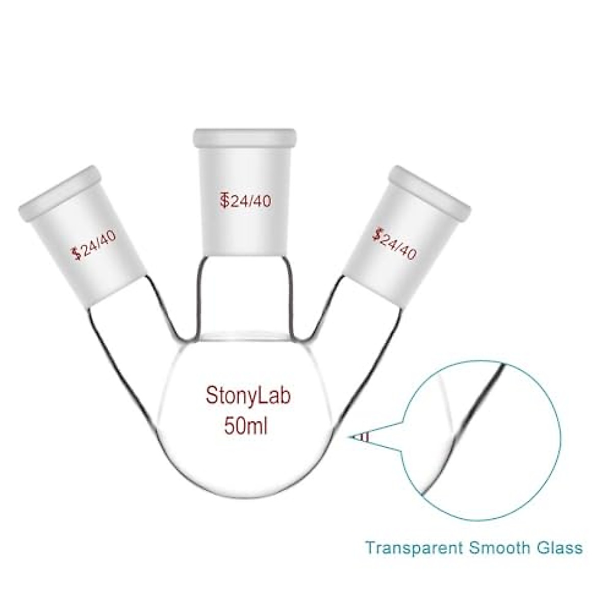 StonyLab Glass 50ml Heavy Wall 3 Neck Round Bottom Flask RBF, with 24/40 Center and Side Standard Taper Outer Joint – 50ml