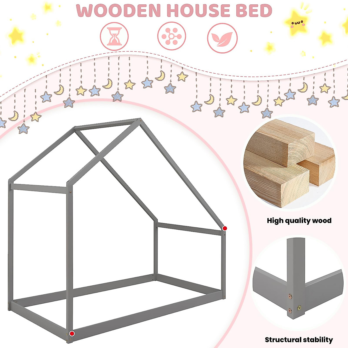 Merax Full Size Bed Frames with Roof for Kids, Montessori Wooden House Shaped, Sturdy Framework, Easy Assembly, No Noise