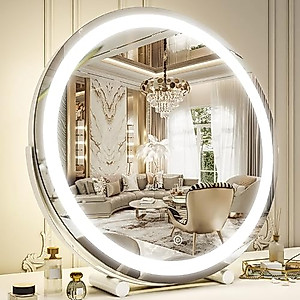 Vierose 18 Inch Large Vanity Mirror with Lights, Round LED Makeup Mirror, Light Up Mirror Makeup Mirror with Lights for Bedroom Tabletop, Smart Touch Control 3 Colors Dimmable, 360° Rotation (White)