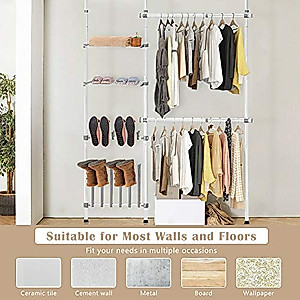 DORTALA Adjustable Clothes Hanger, Floor to Ceiling Tension Rod w/ Storage Shelf & Shoe Hooks, Garment Hanger Rod w/ Inner Spring, Telescopic Clothes Rack System for Living Room, Bedroom