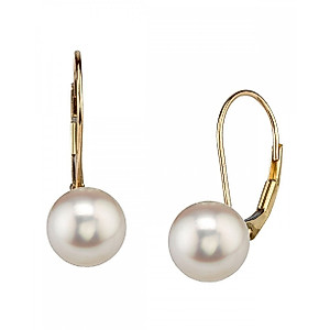 THE PEARL SOURCE 14K Gold 7-8mm AAAA Quality Round White Freshwater Cultured Pearl Leverback Earrings for Women