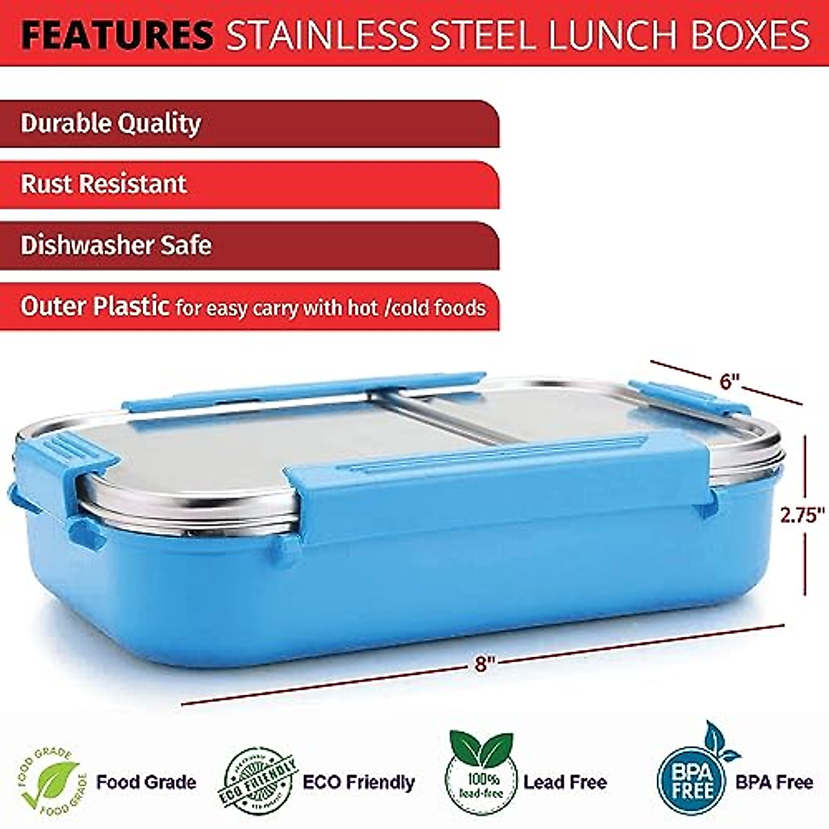 Signoraware Stainless Steel Bento Box Adult Lunch Box For Men, Women, Kids Bento Lunch Box Leak Proof Between 2 Compartments Meal Prep Containers Lunch Containers For Adults And Kids School Aqua Blue