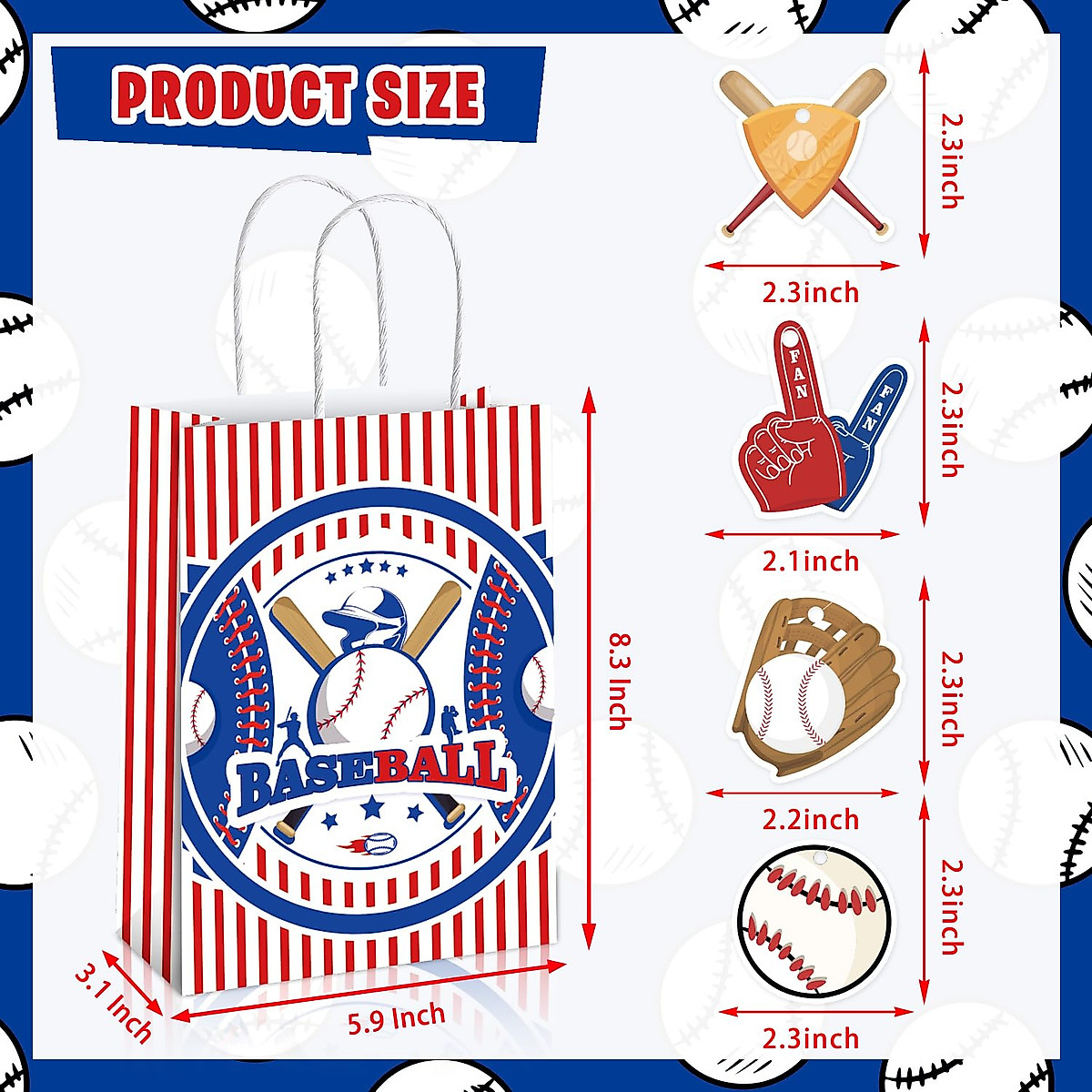 Mpanwen Baseball Goodie Bags, 16 Pcs Baseball Themed Party Favor Candy Treat Gifts Bags With Handle for Birthday Baby Shower Holiday Party Decorations