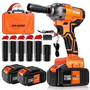 Dragro 21V Cordless Impact Wrench, 650N.m 1/2 inch Brushless Electric Impact Gun, 3000RPM High Torque Impact Driver with 2 Batteries & 6 Impact Sockets, Power Impact Wrench for Truck RV Car