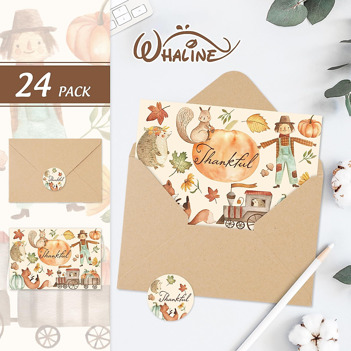 Whaline 24 Packs Fall Thankful Cards Watercolor Little Pumpkin Greeting Cards Autumn Animal Blank Note Cards with Envelopes and Stickers for Thanksgiving Baby Shower Birthday Party, 4 x 6 Inch