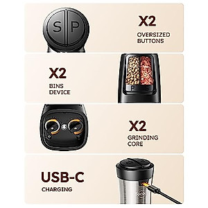 2 in 1 Electric Salt and Pepper Grinder Set Shaker USB Rechargeable, Sangcon Salt and Pepper Grinder Mill Set Dual In One, Automatic Refillable Adjustable Coarseness Ceramic Grinder with Light