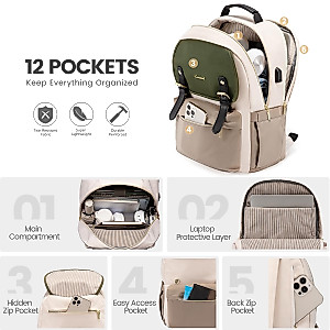 LOVEVOOK Laptop Backpack for Women Fashion College Casual Daypacks Stylish Travel Backpack Fits up to 15.6Inch Laptop with USB Charging Port(Khaki-Green)