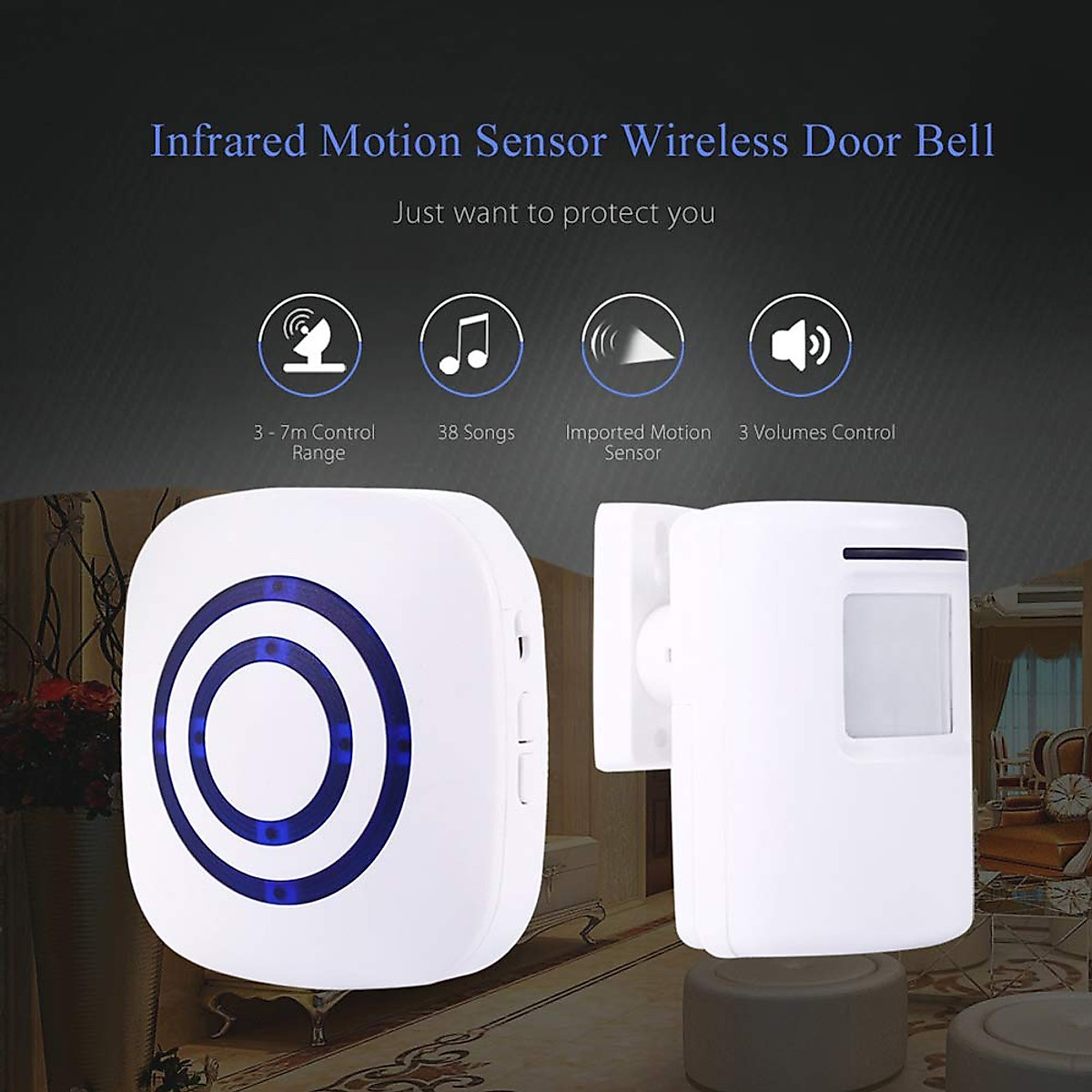 Home Security Motion Sensor Alarm Outdoor, Wireless Driveway Alert: Infrared Motion Sensor Chime Doorbell with 1 Plug-in Receiver and 2 PIR Motion Sensor Detector Alert - 38 Chime Tune - LED Indicator